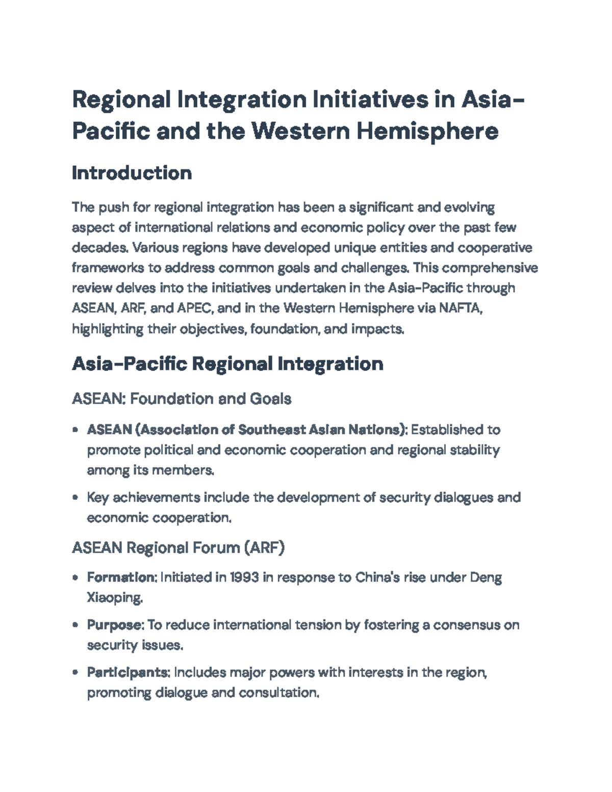 Regional Integration Initiatives: Asia-Pacific & Western Hemisphere ...