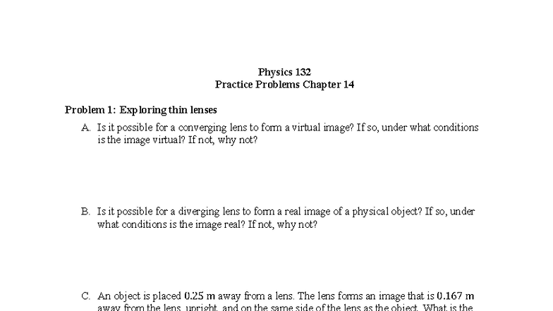 Physics 132 Chapter 14 Practice Problems on Lenses and Images - Studocu