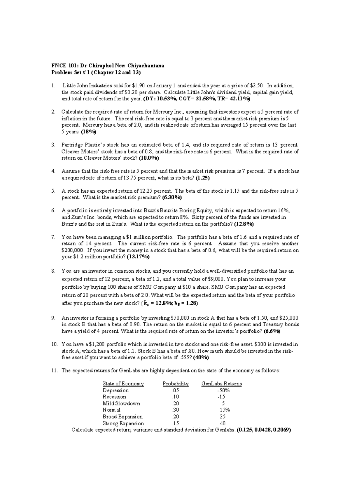 Cnc problemset 1 - FNCE101 Problem Set 1 - FNCE 101: Dr Chiraphol New ...