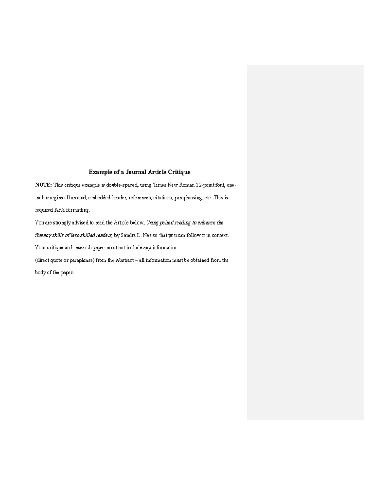 Critique Sample Update June18 - Example of a Journal Article Critique ...