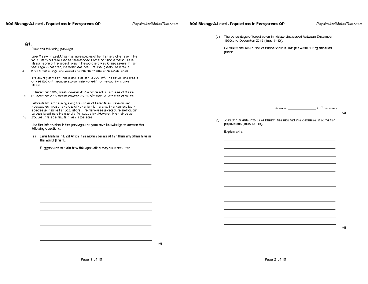AQA Biology A-Level - Populations in Ecosystems Question Paper - Studocu