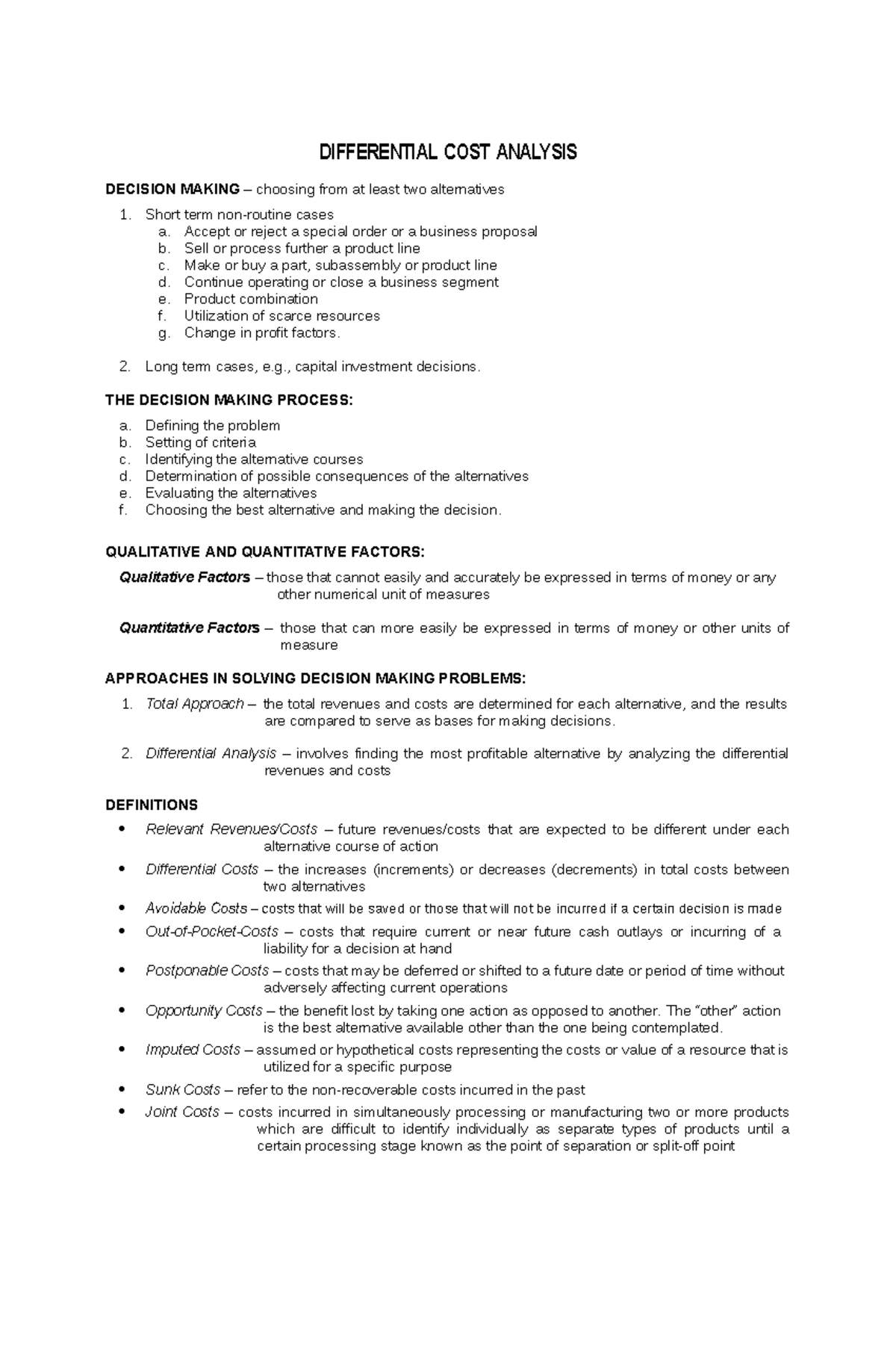 Differential Cost Analysis for Decision Making in Business Decisions ...