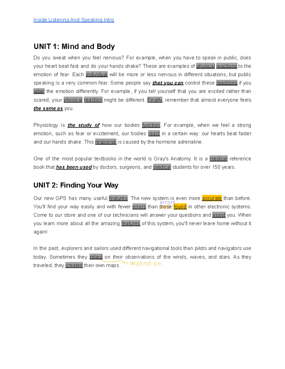 Inside Listening And Speaking Intro: Units 1-10 Overview - Studocu