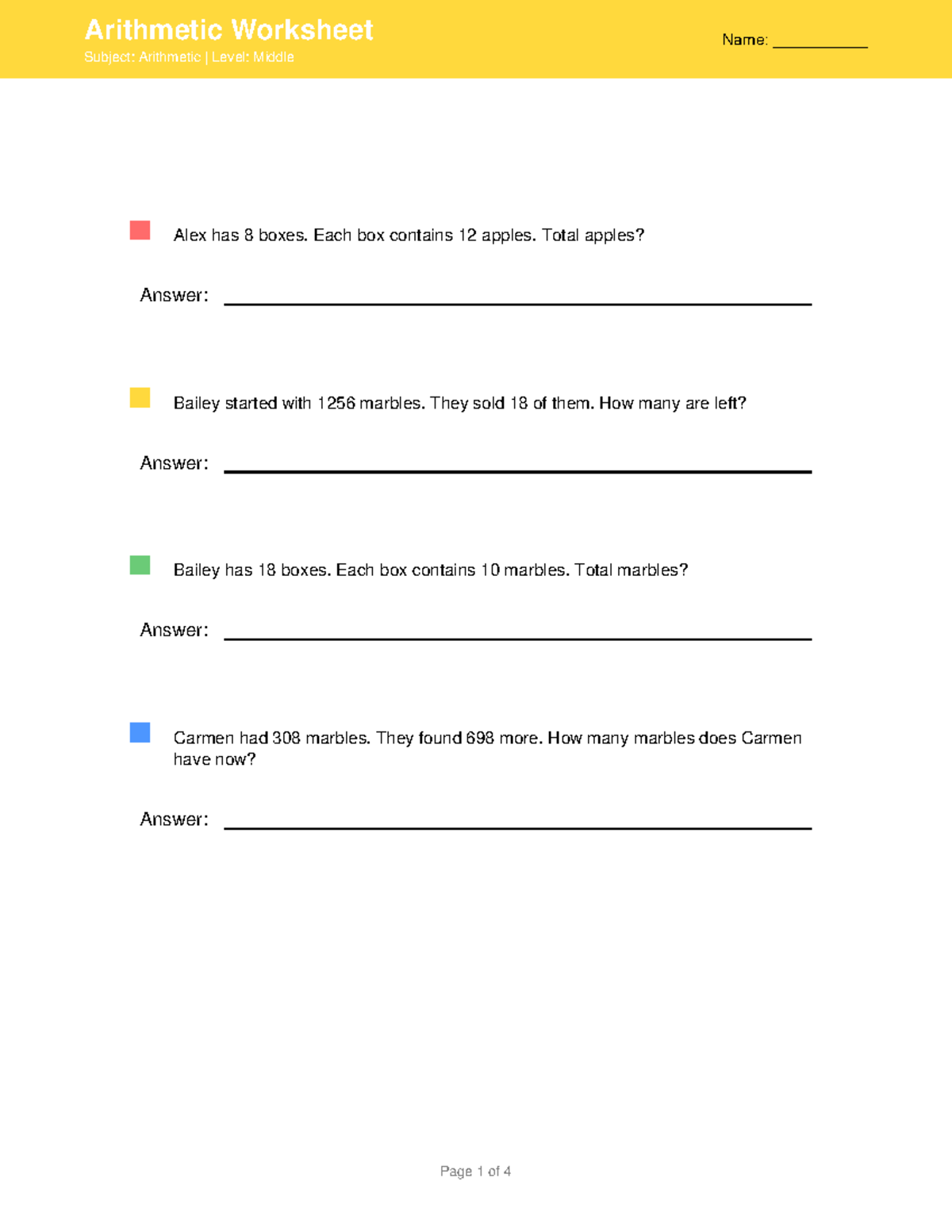 Arithmetic Worksheet 7: Middle Level Math Problems - Studocu