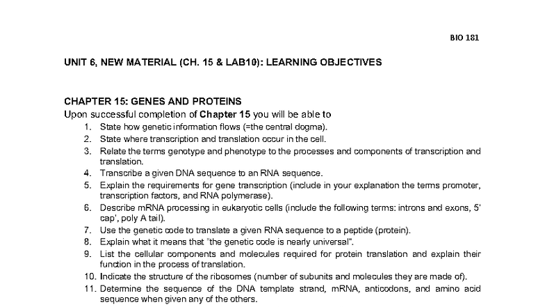 BIO 181 UNIT 6: CH. 15 GENES & PROTEINS LEARNING OBJECTIVES & LAB 10 ...