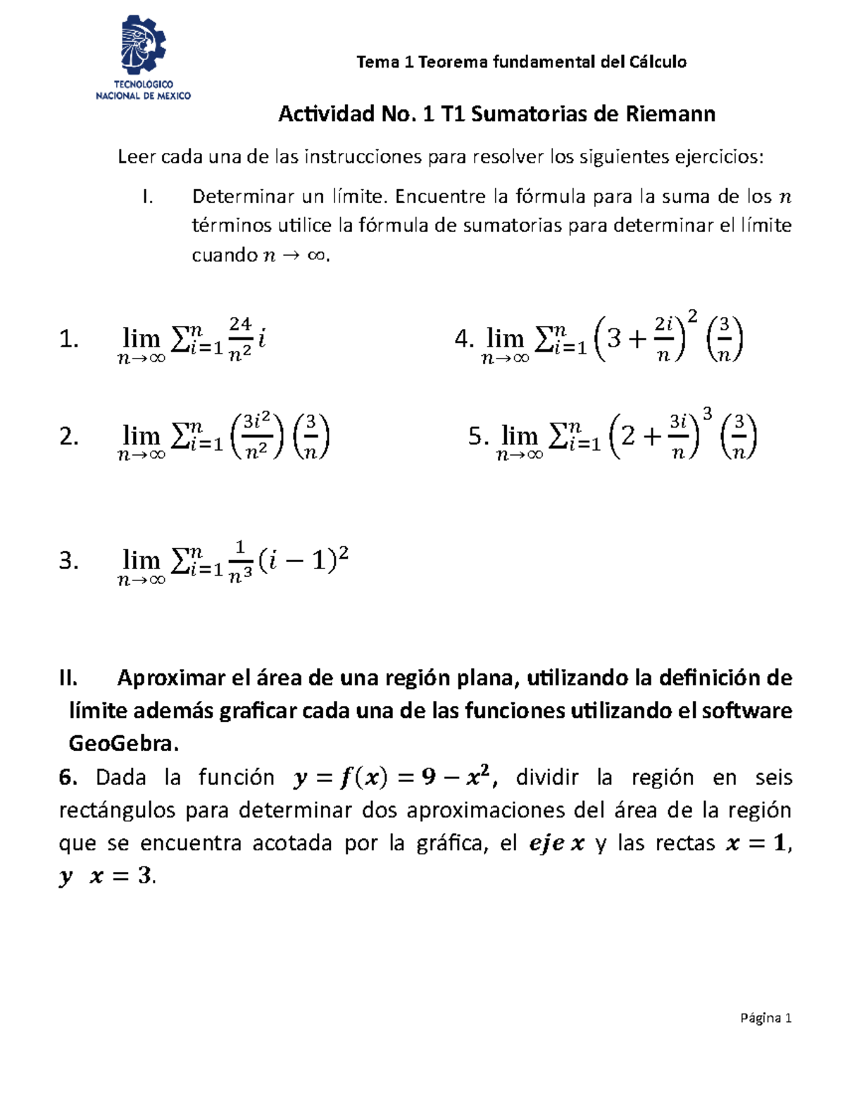 Actividad No. 1 T1: Teorema Fundamental del Cálculo y Sumatorias de ...