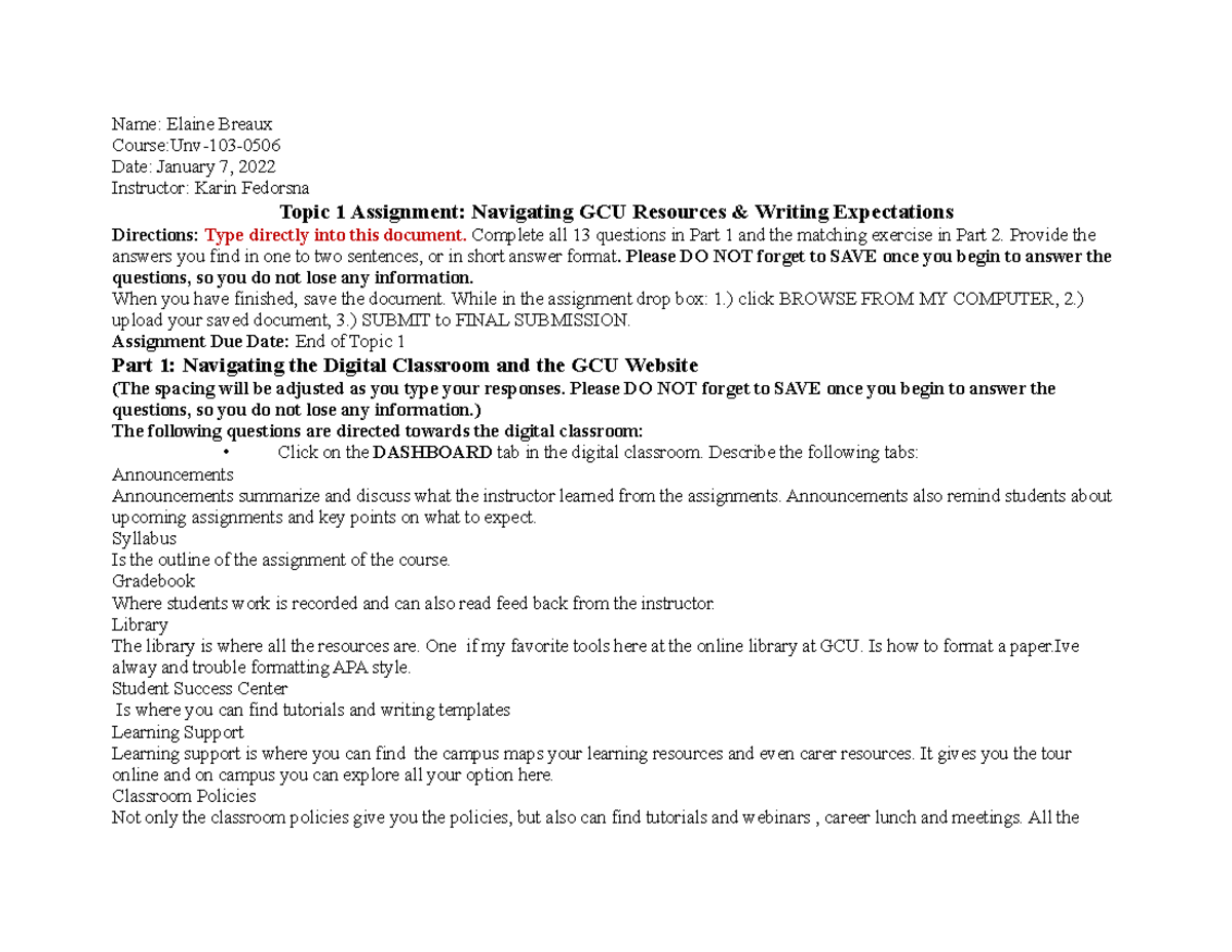 UNV-103-T1 Week 3-4 Resources Worksheet & GCU Writing Guidelines - Studocu