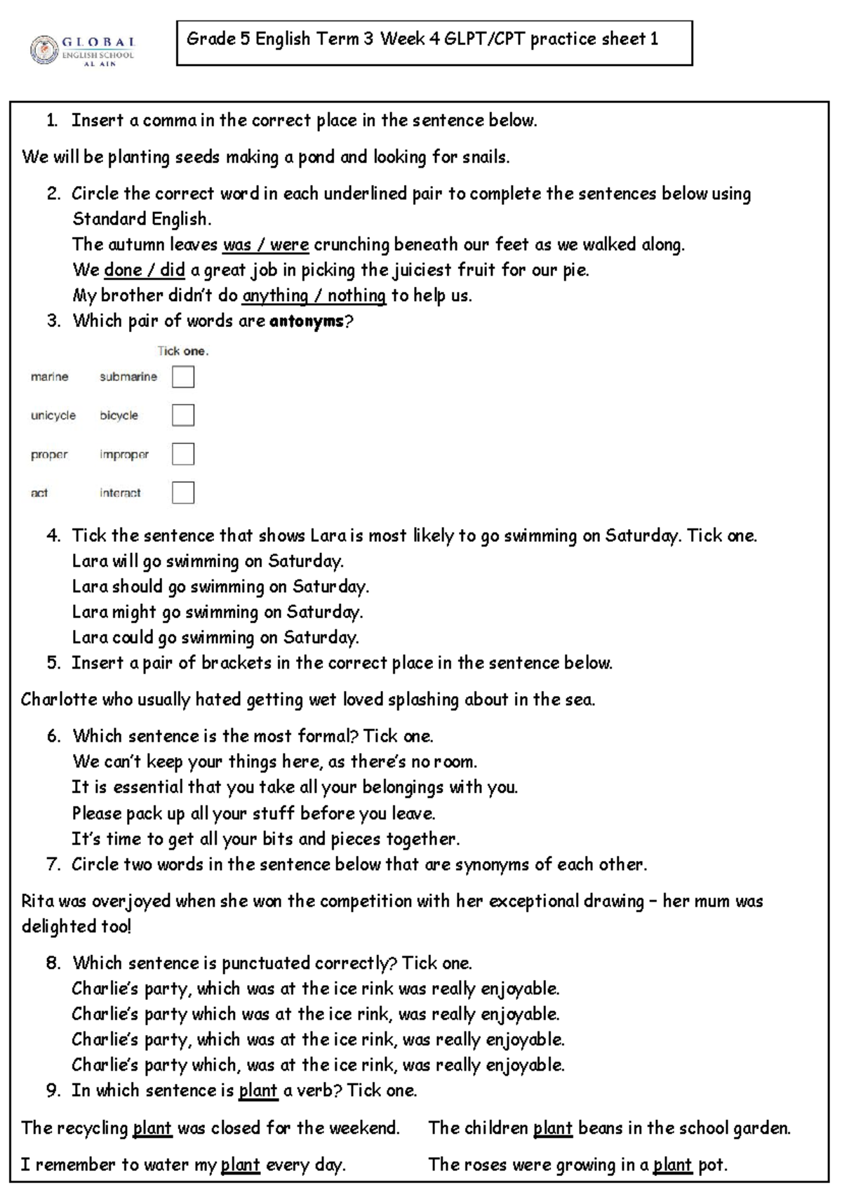 G5 T3 W4 English Practice Sheet: Grammar & Sentence Structure - Studocu