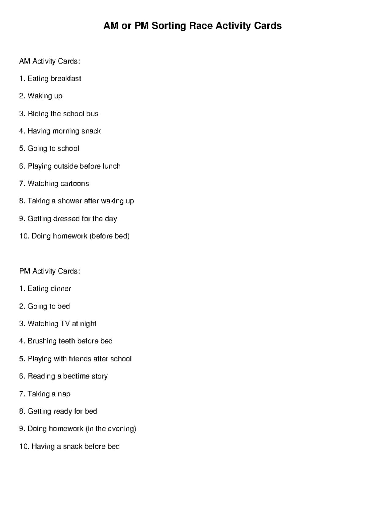 AM or PM Activity Cards - help - AM or PM Sorting Race Activity Cards ...