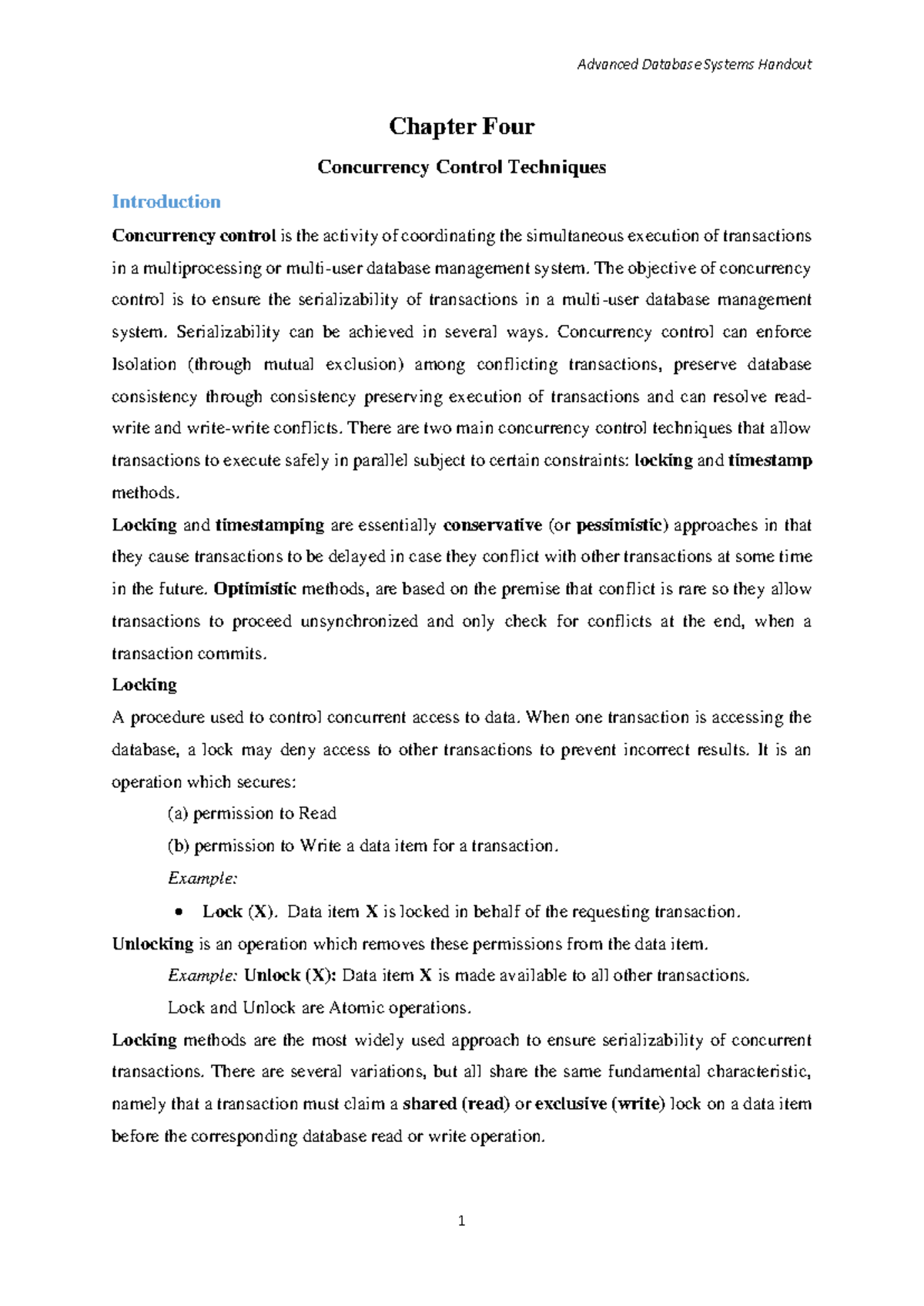 Advanced database course summury - Chapter Four Concurrency Control Techniques Introduction ...