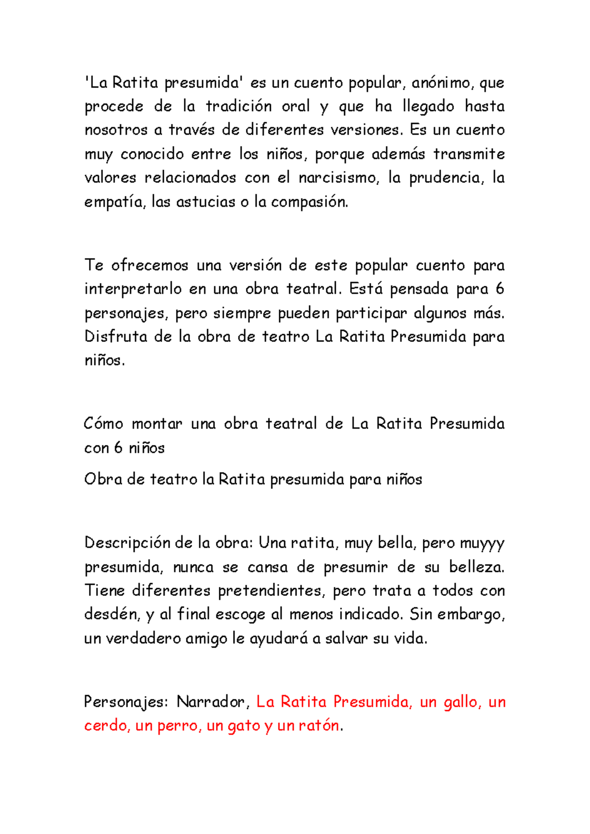 Obra de Teatro: La Ratita Presumida para Niños - Guía de Actuación ...