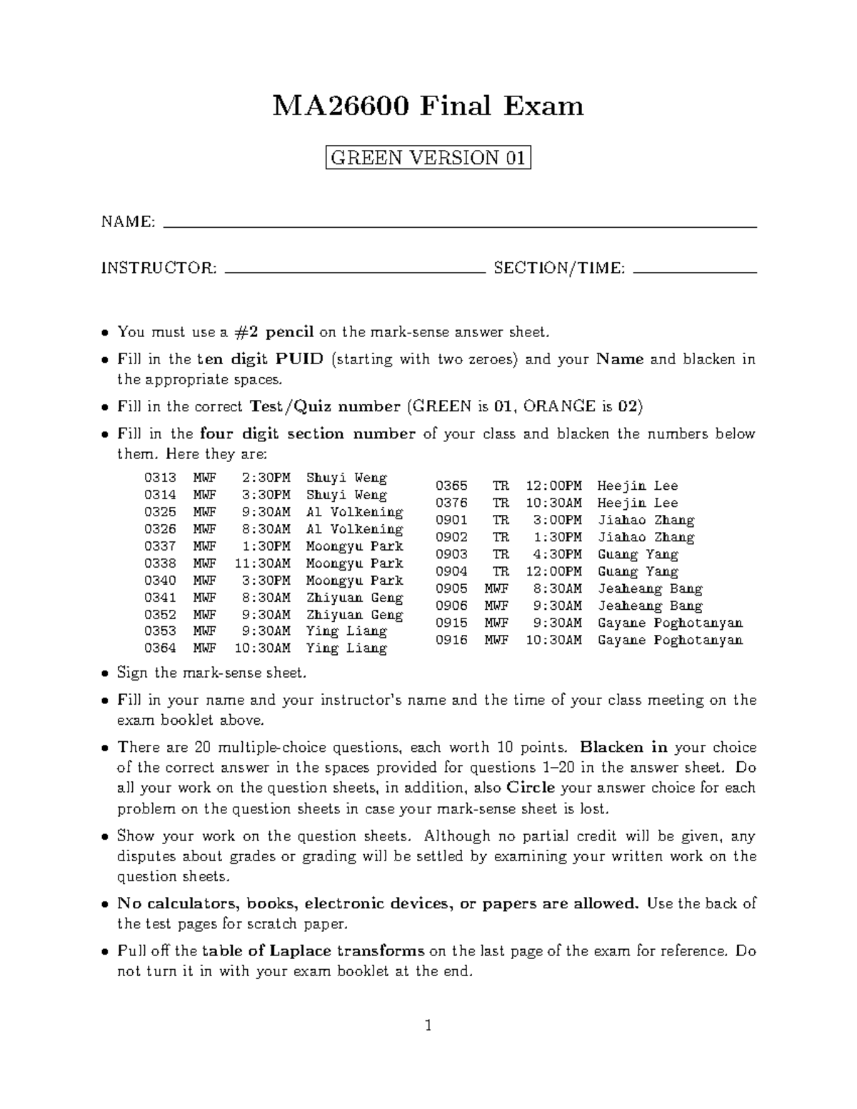MA26600 Spring Final Exam Review Guide (Green Version) - Studocu