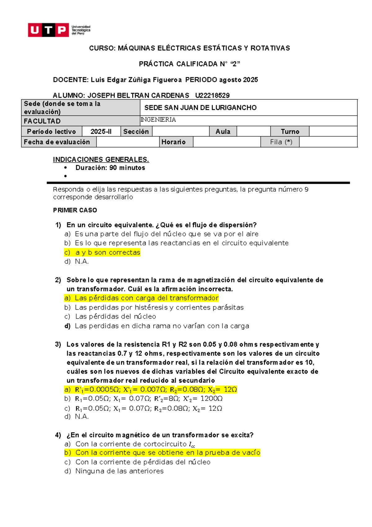 Práctica Calificada 2: Máquinas Eléctricas Estáticas y Rotativas - Agosto 2025 - Studocu