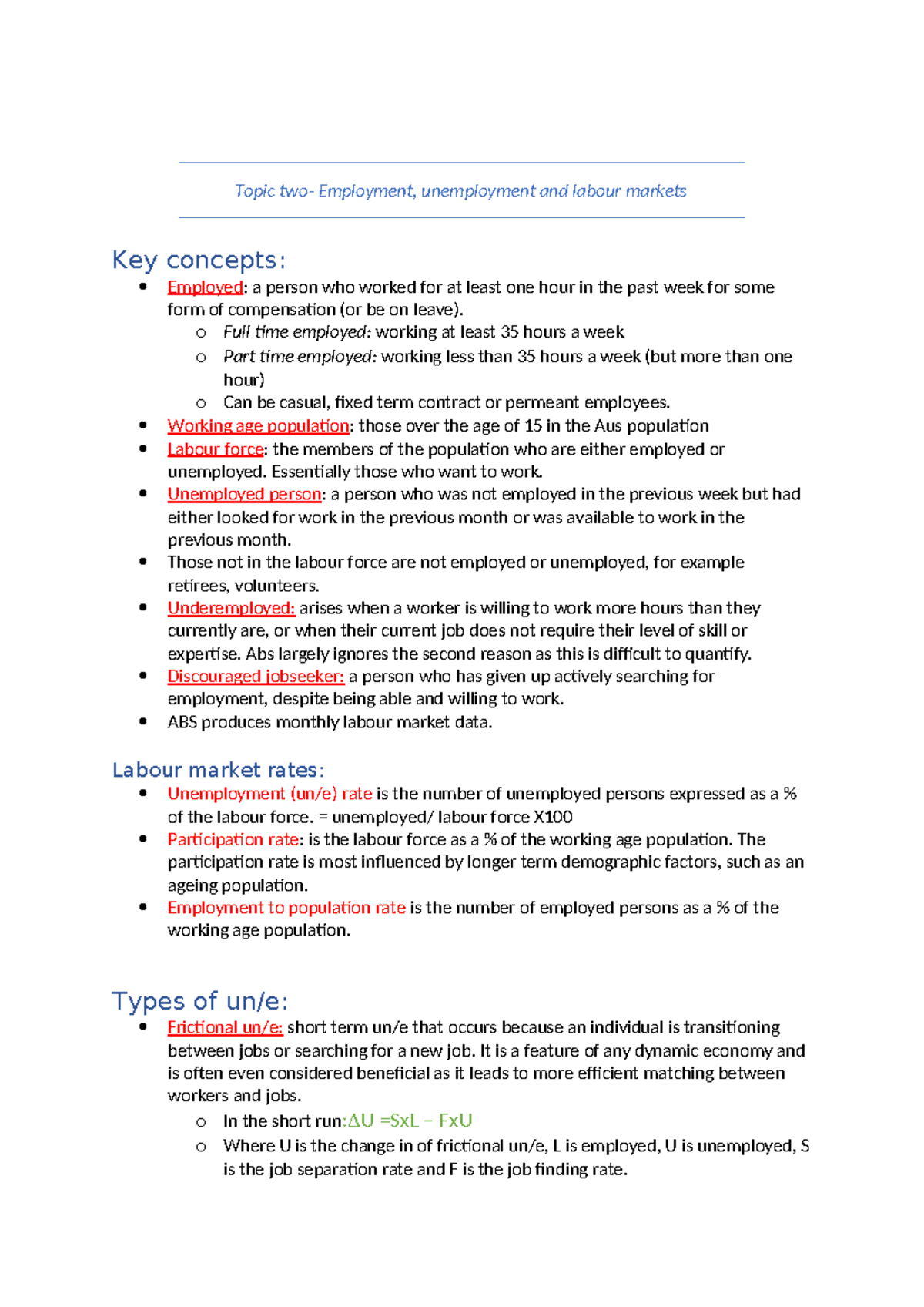 Week 2 - Lecture notes I took in class - Topic two- Employment ...