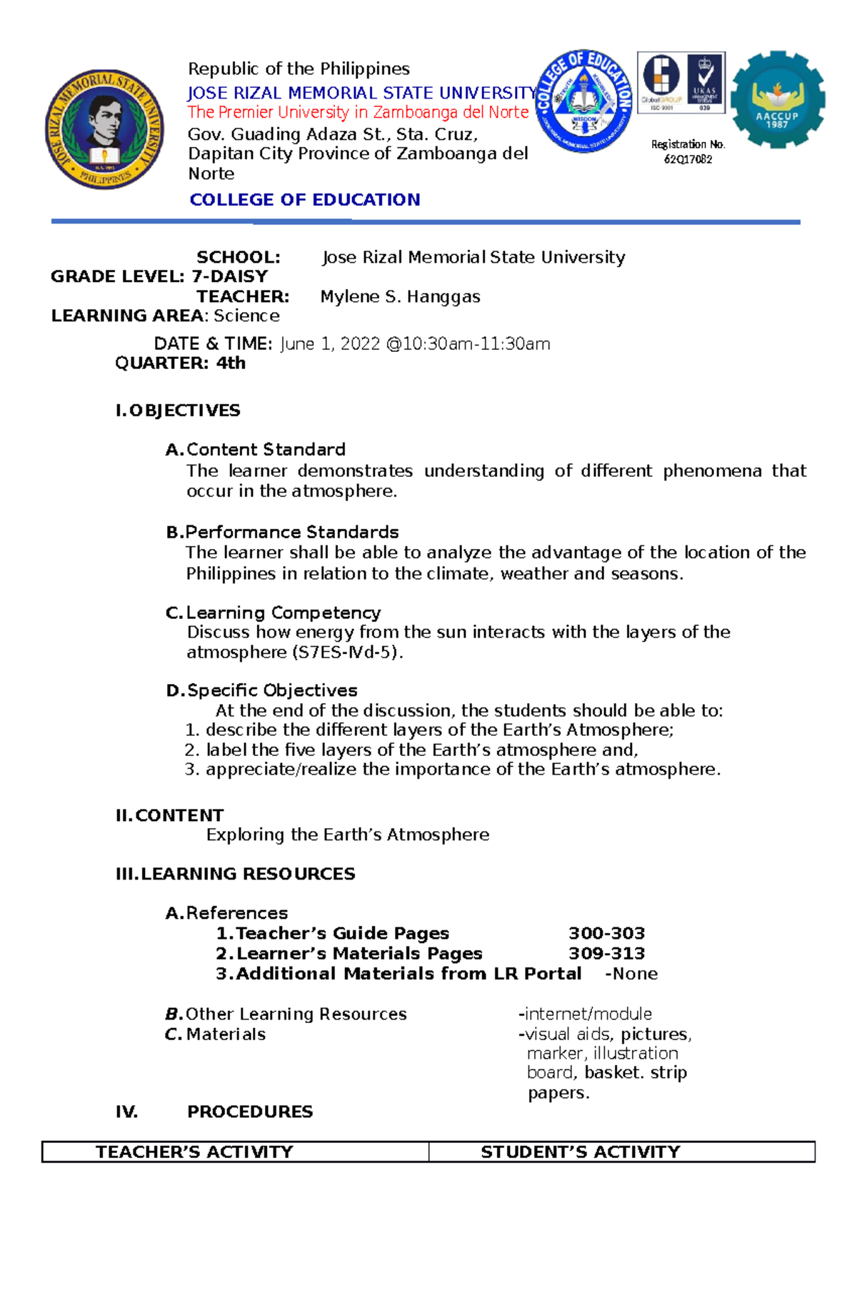 G7 Science Final Lesson Plan: Exploring Earth's Atmosphere by Mylene ...