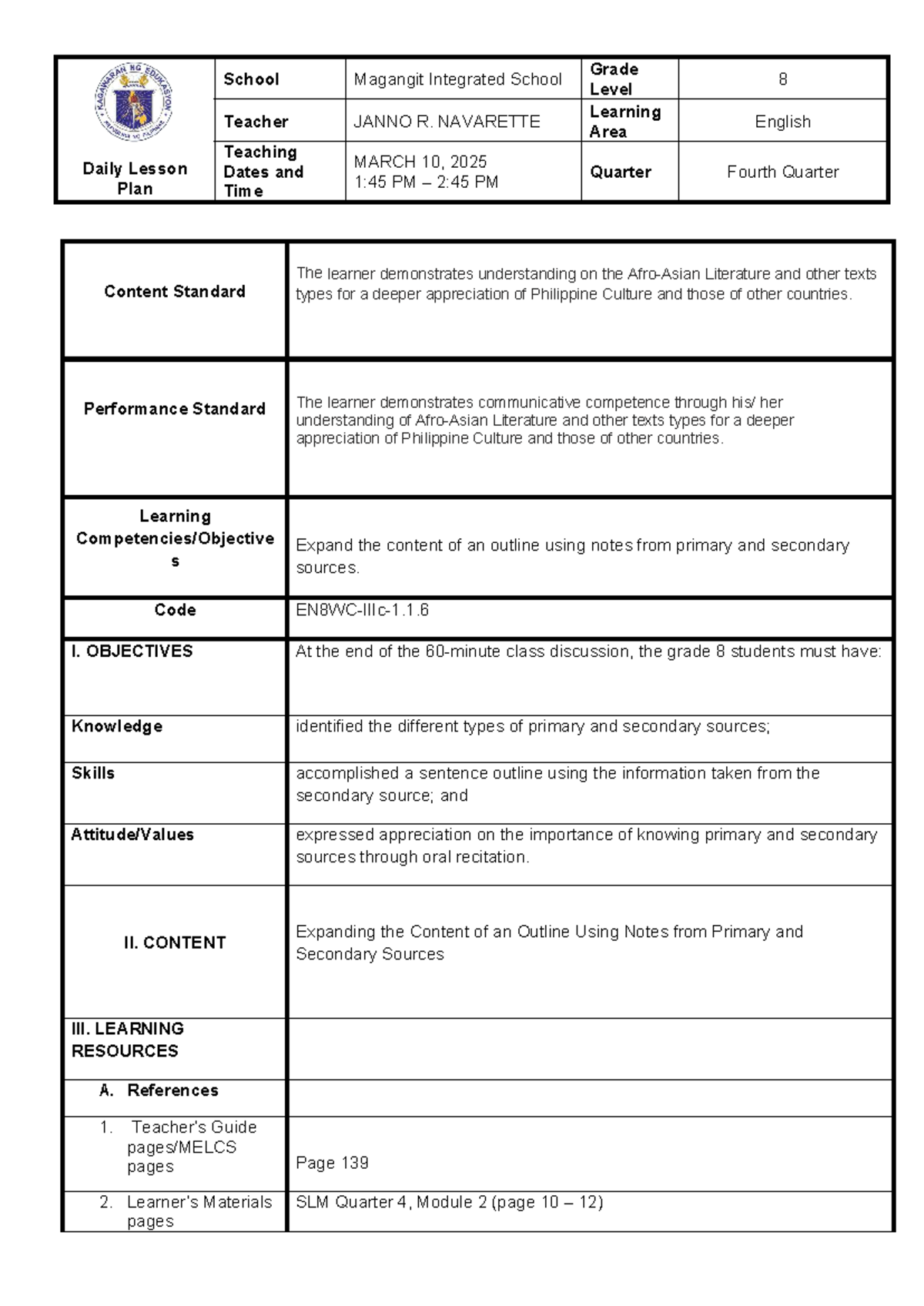 Daily Lesson Plan: Grade 8 English on Primary & Secondary Sources - Studocu