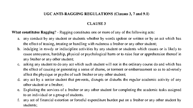 Anti-Ragging Guidelines as per UGC Regulations (Clauses 3, 7, 9.1 ...