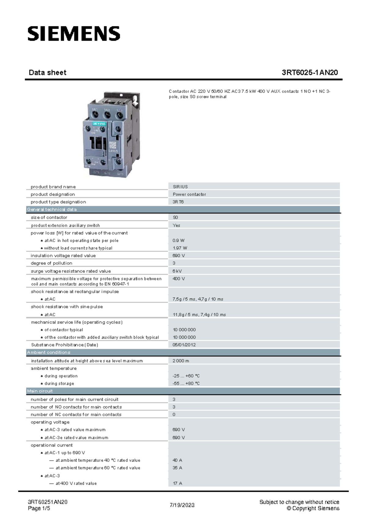 Contactor Data Sheet: Siemens 3RT6025-1AN20 Specifications - Studocu