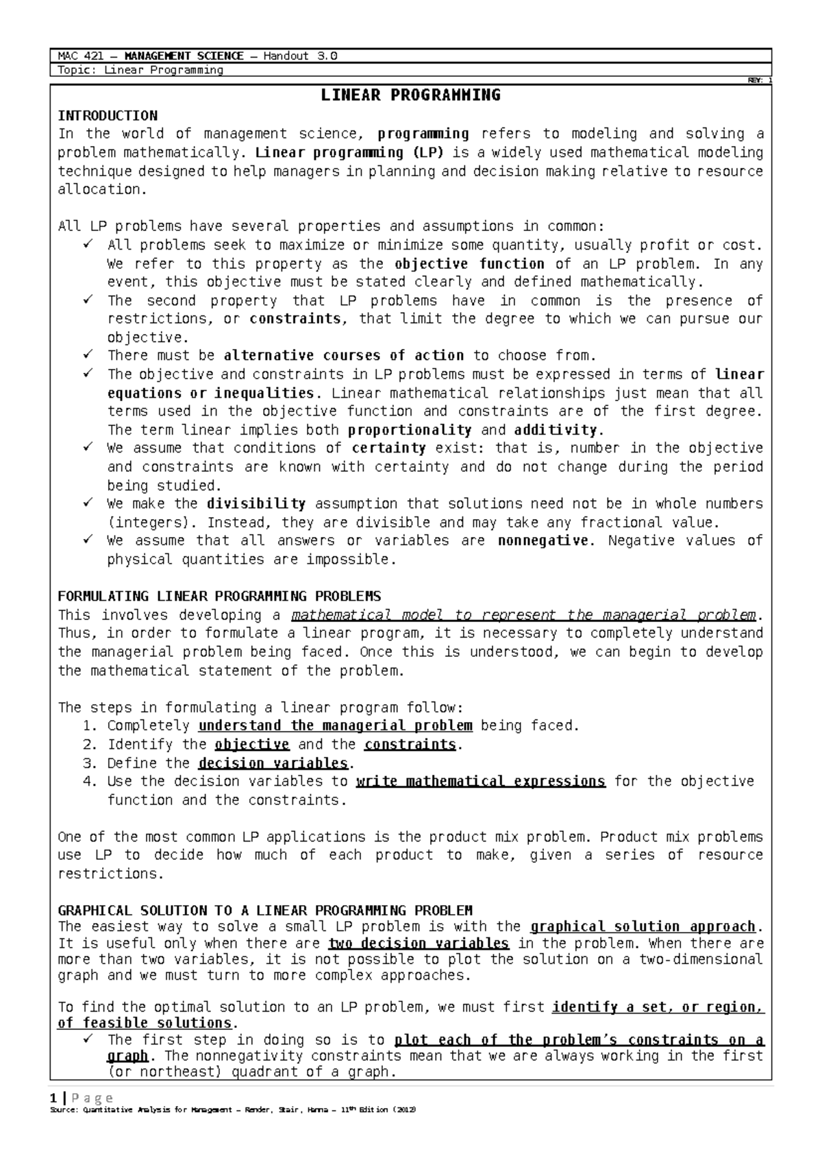 MAC 421 Management Science Handout 3.0: Linear Programming Overview - Studocu