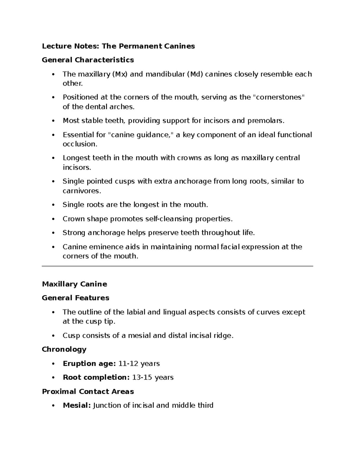 Lecture Notes: General Characteristics of Permanent Canines - Studocu