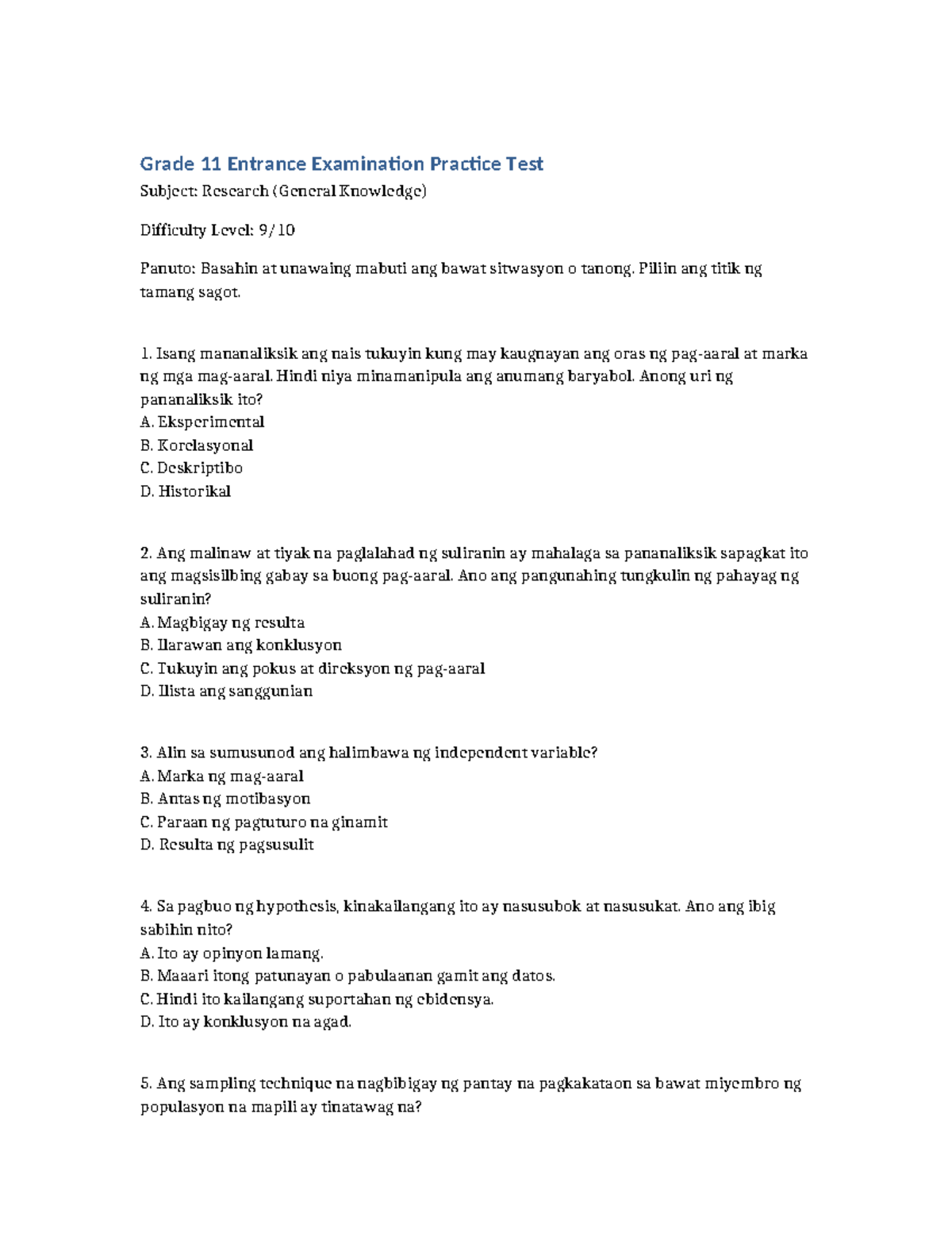 Grade 11 Research Entrance Exam Practice Test - Studocu