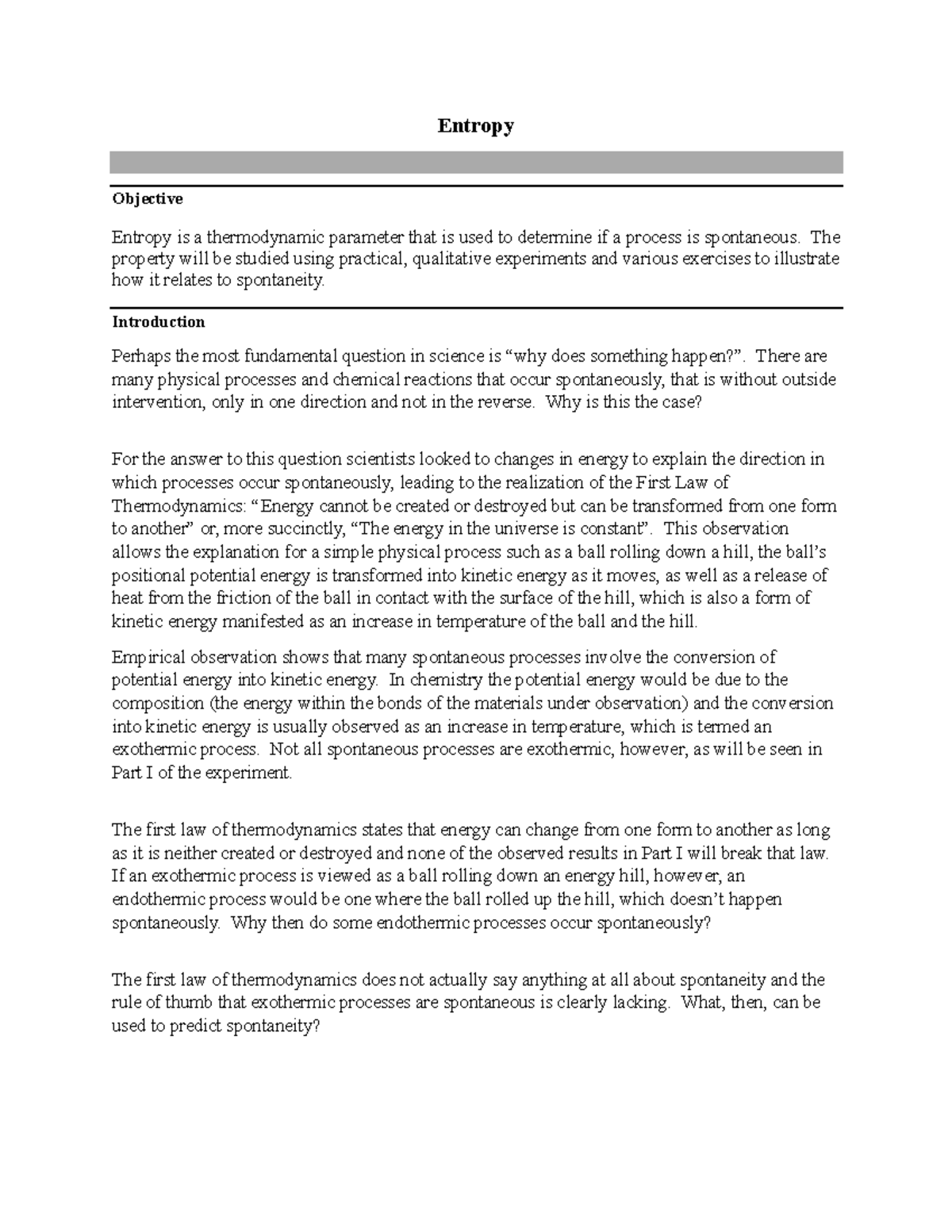 Entropy Activity: Understanding Spontaneity in Thermodynamics - Studocu