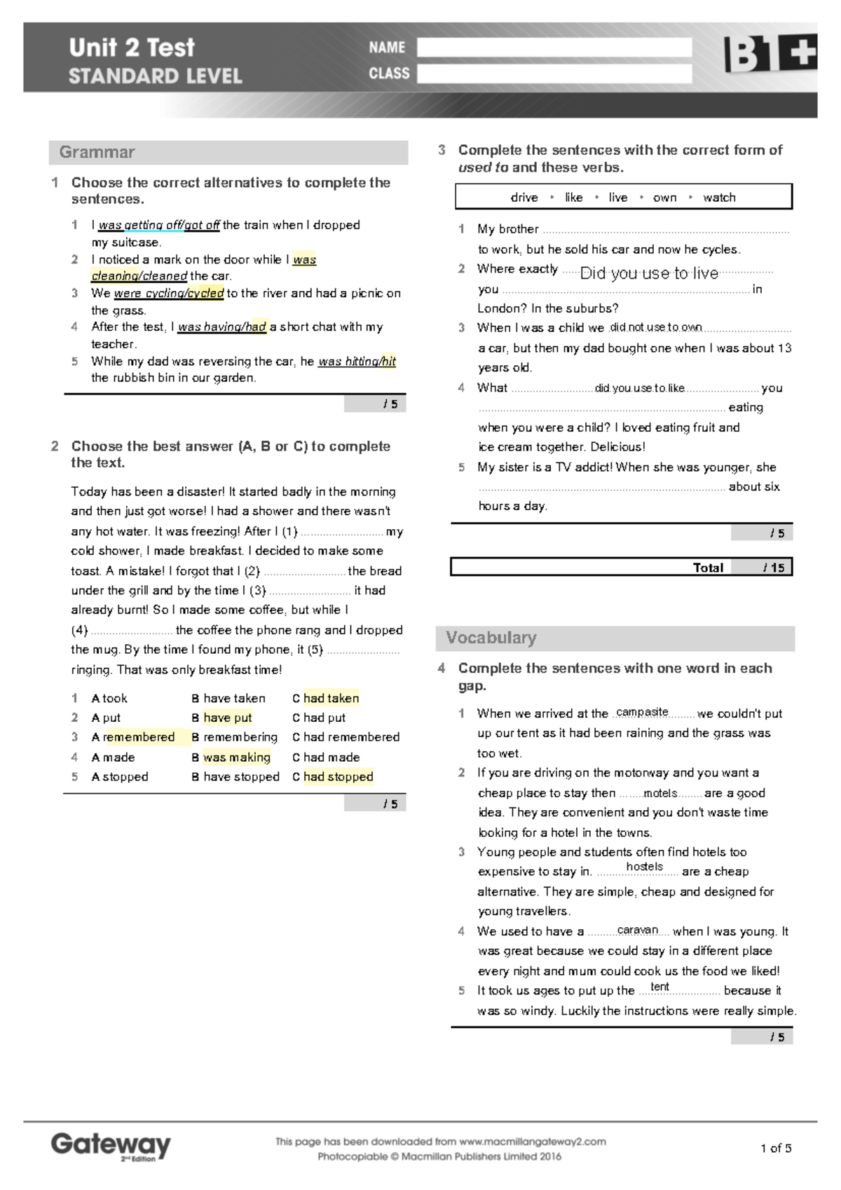Uni2 Grammar & Vocabulary Test: Complete the Sentences and Questions ...