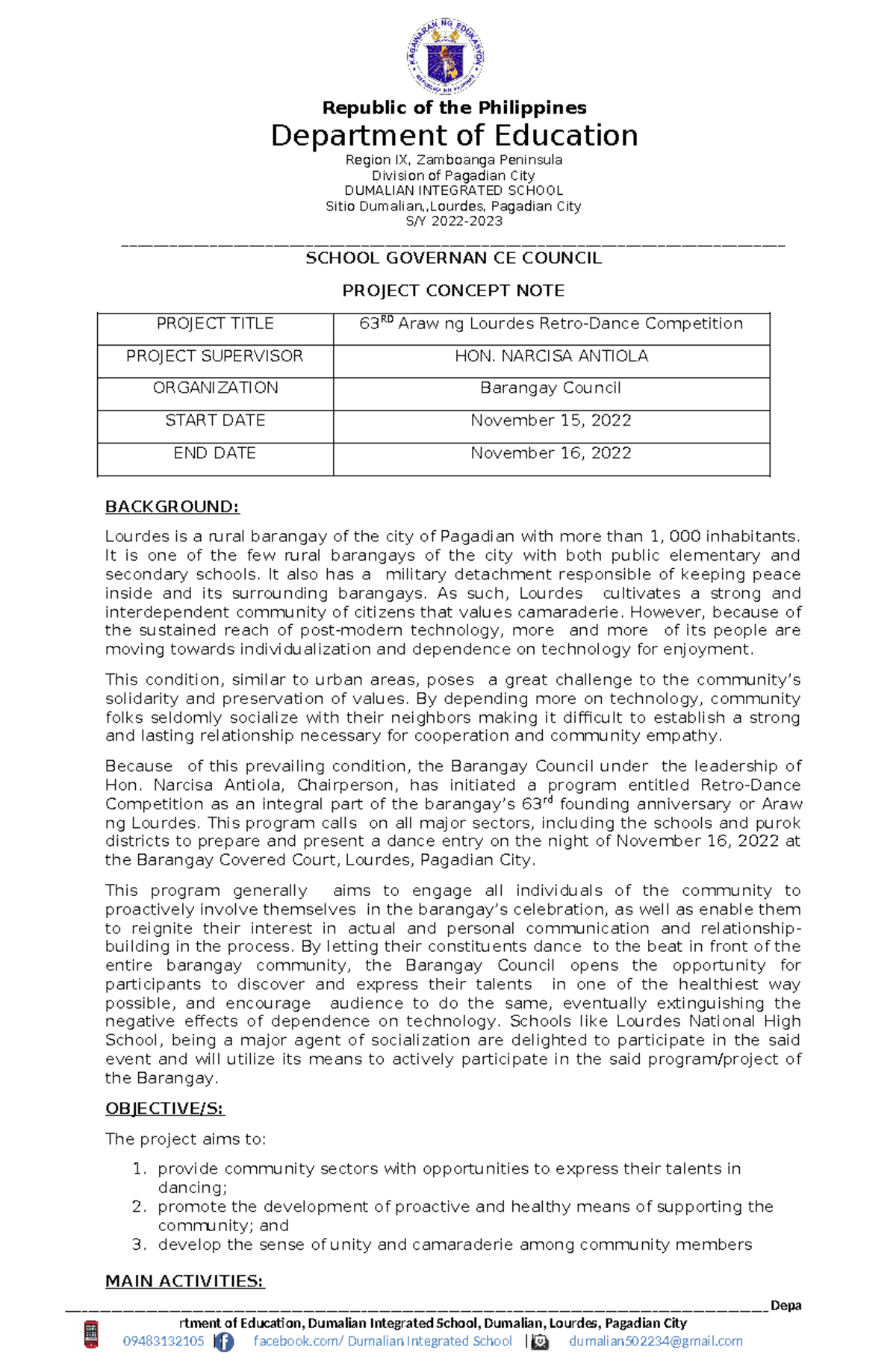 [SGC] Concept Note Project Brief Template - Republic of the Philippines Department of Education ...