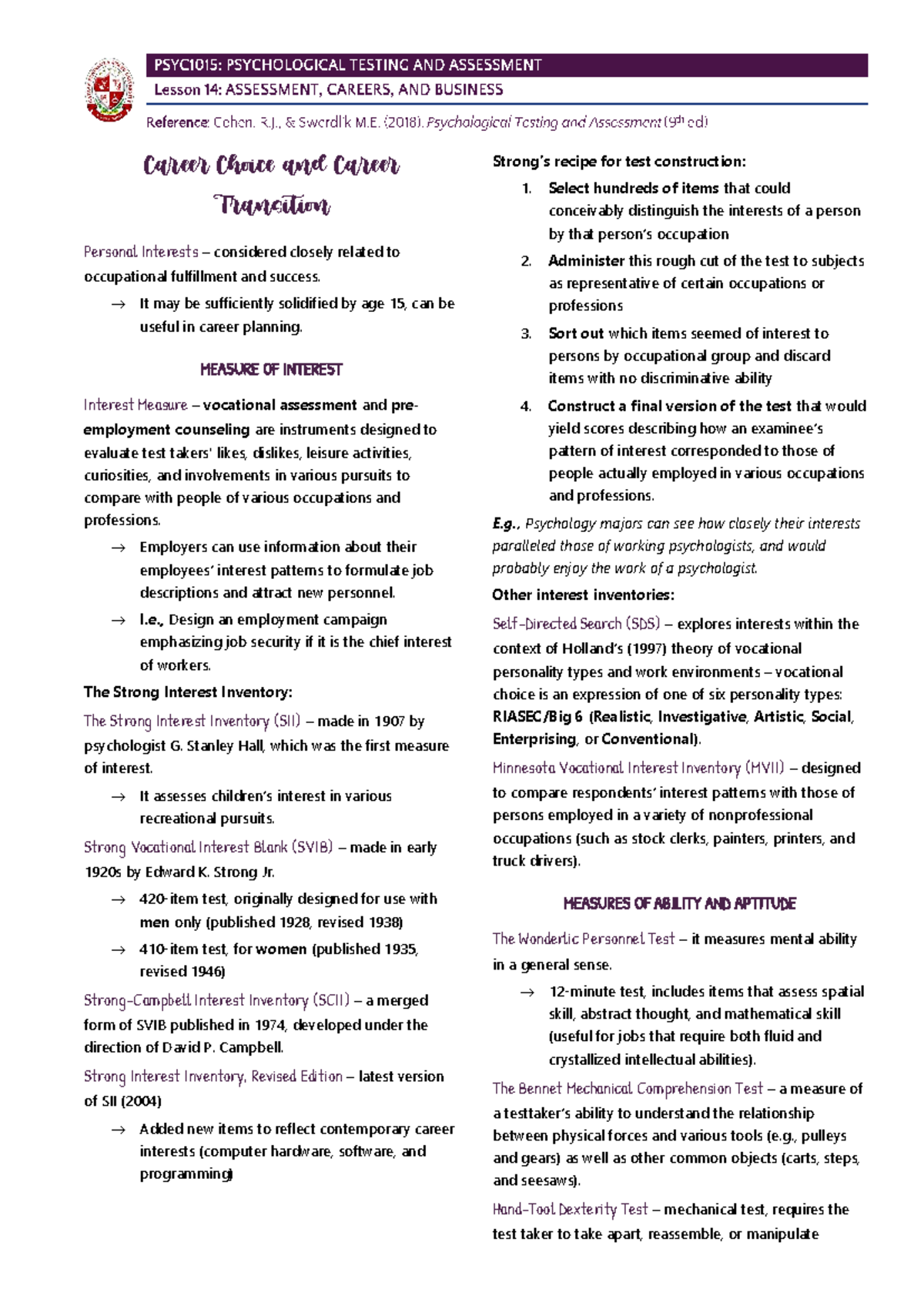 Week 14 - Assessment of Career Choices and Transitions - Studocu