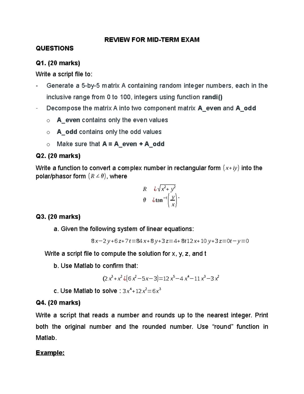 Review mid-term Intro 2Comp - with solution - REVIEW FOR MID-TERM EXAM ...