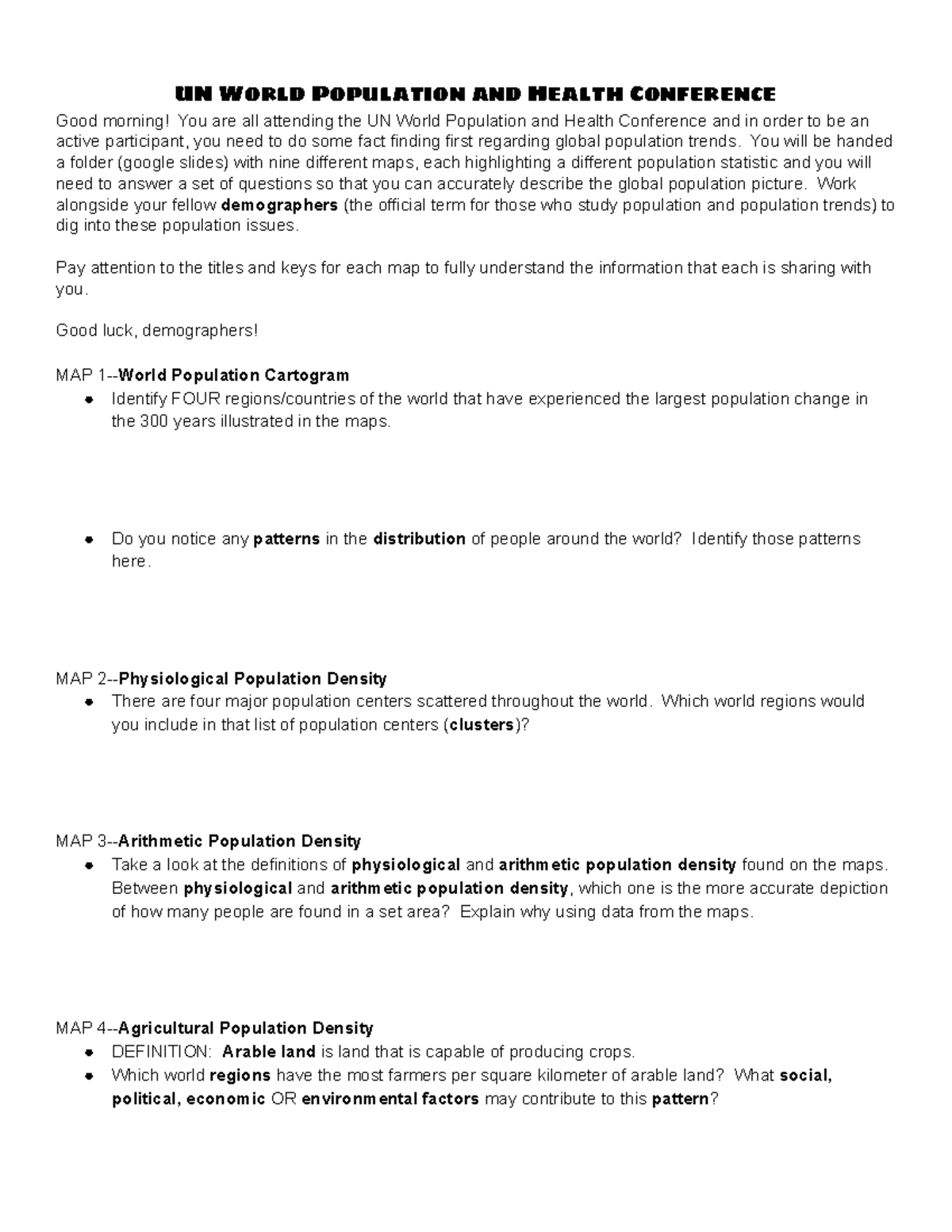 Unit 2: World Population & Health Conference Worksheet - Studocu