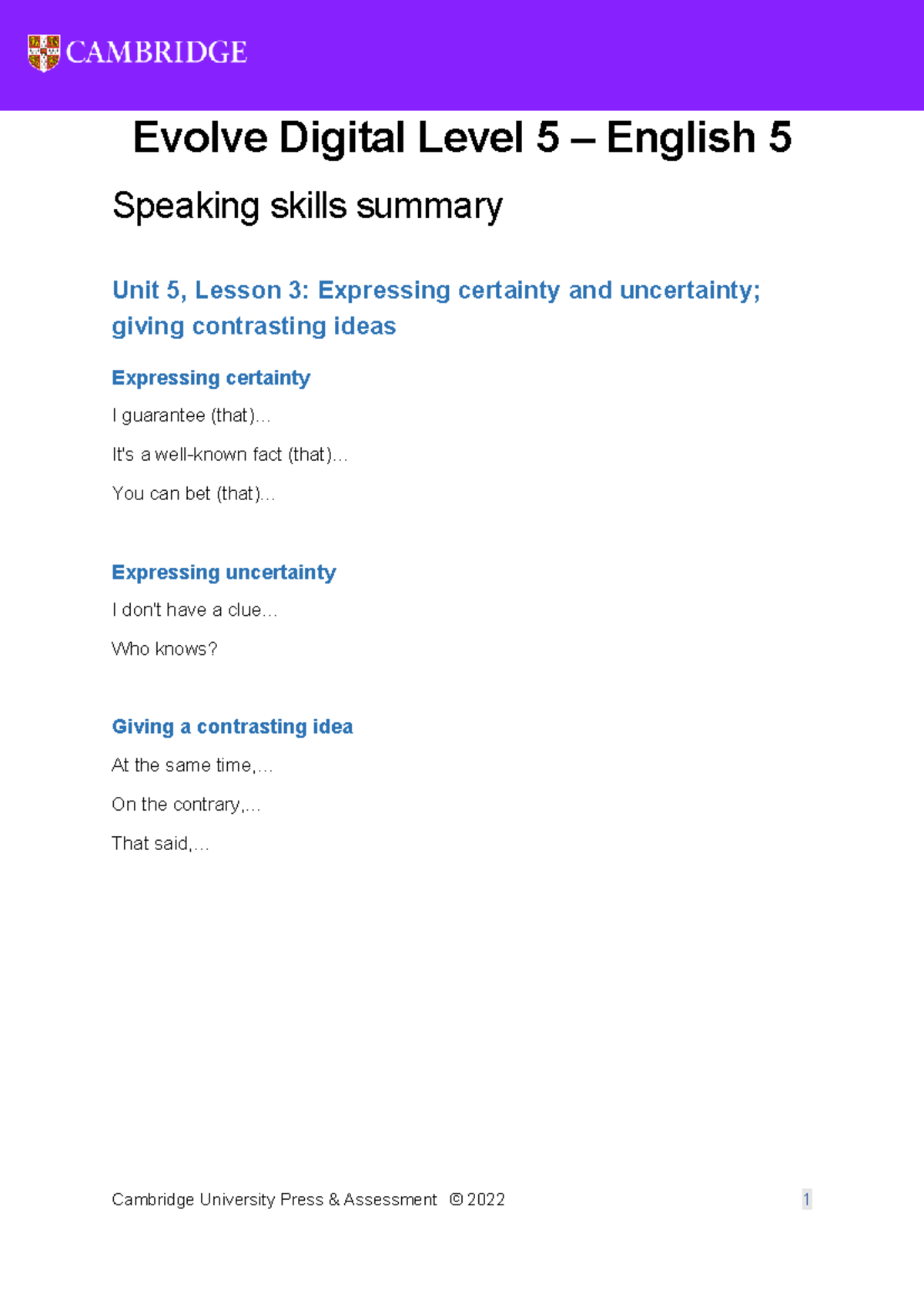 Unit 5 - E5 - Speaking skills - Cambridge University Press & Assessment ...