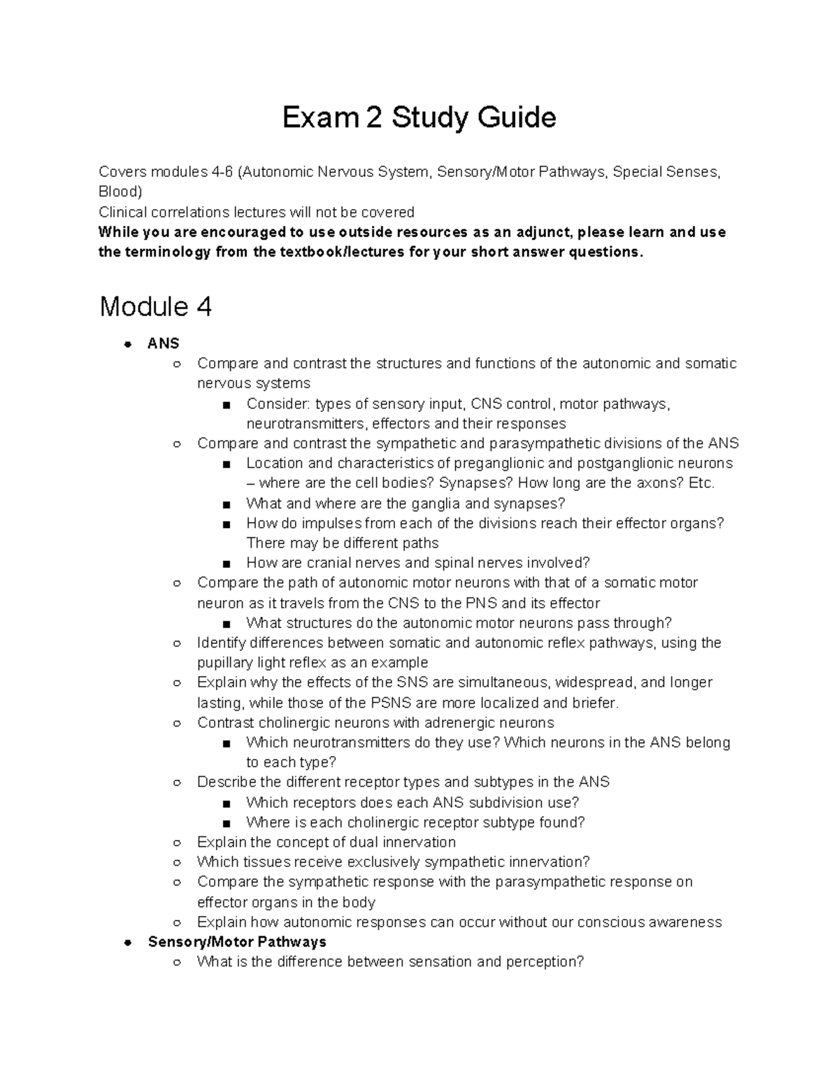 Exam 2 Study Guide: ANS, Sensory Pathways, and Special Senses - Studocu
