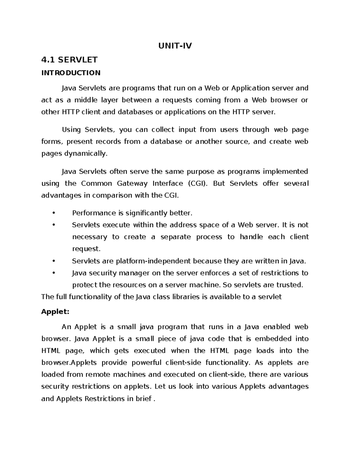 UNIT 4 - zsvdbfdh - UNIT-IV 4 SERVLET INTRODUCTION Java Servlets are ...