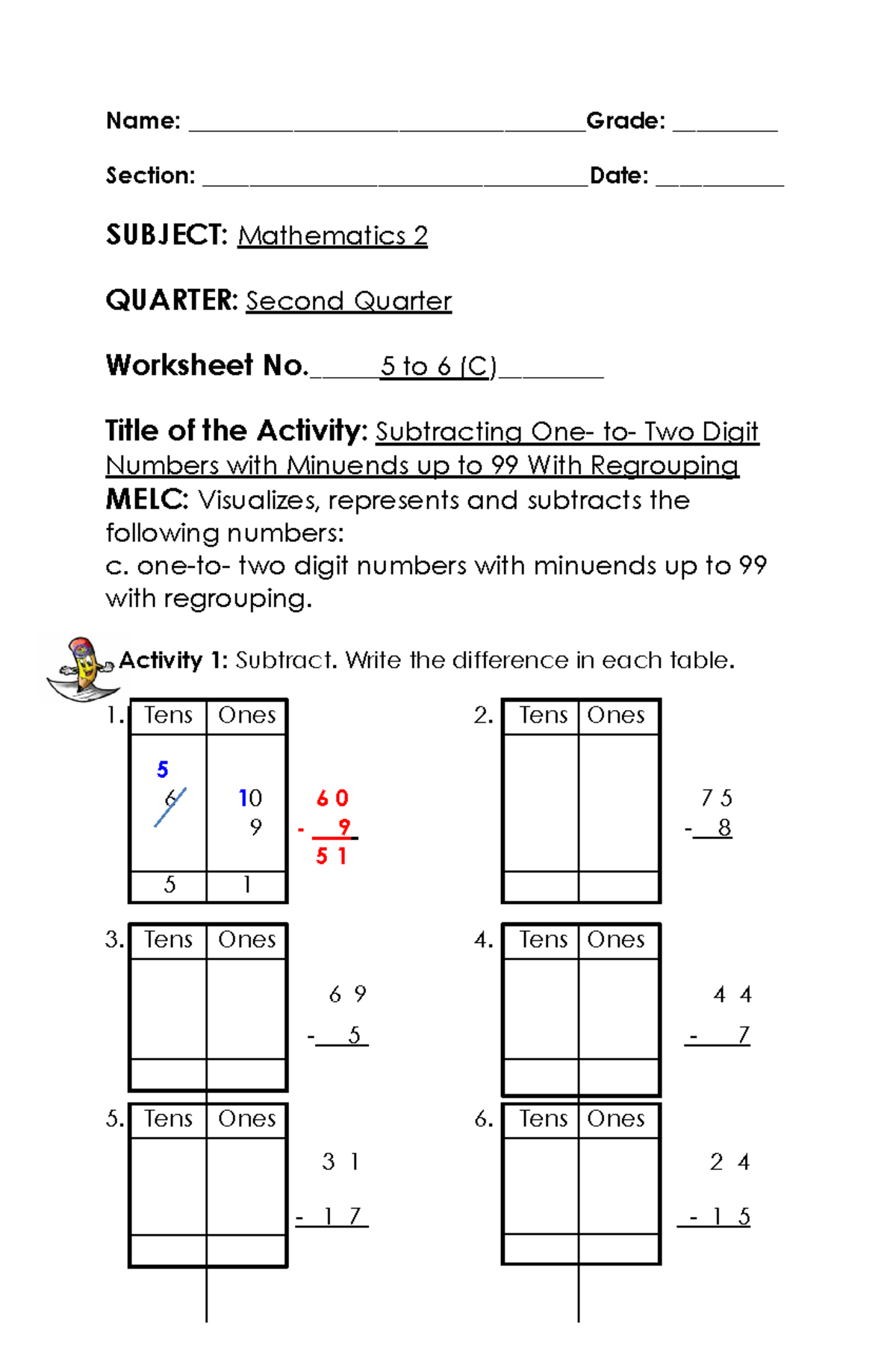 Math1 Qtr2 Worksheet: Subtracting One- to Two-Digit Numbers - Studocu