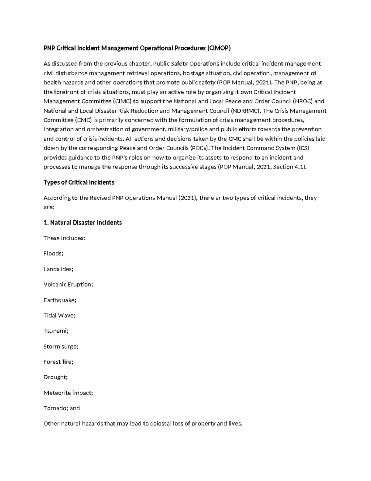 PNP CIMOP: Operational Procedures for Critical Incident Management ...