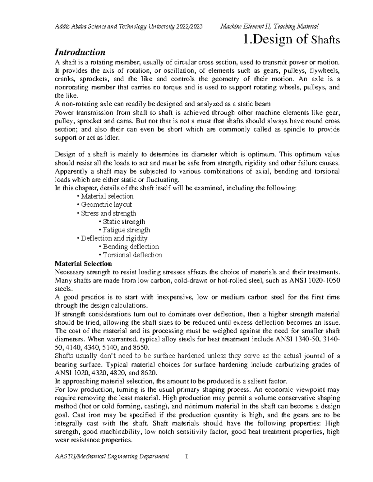 Ch-1 EME Shaft Design Fundamentals and Material Selection - Studocu