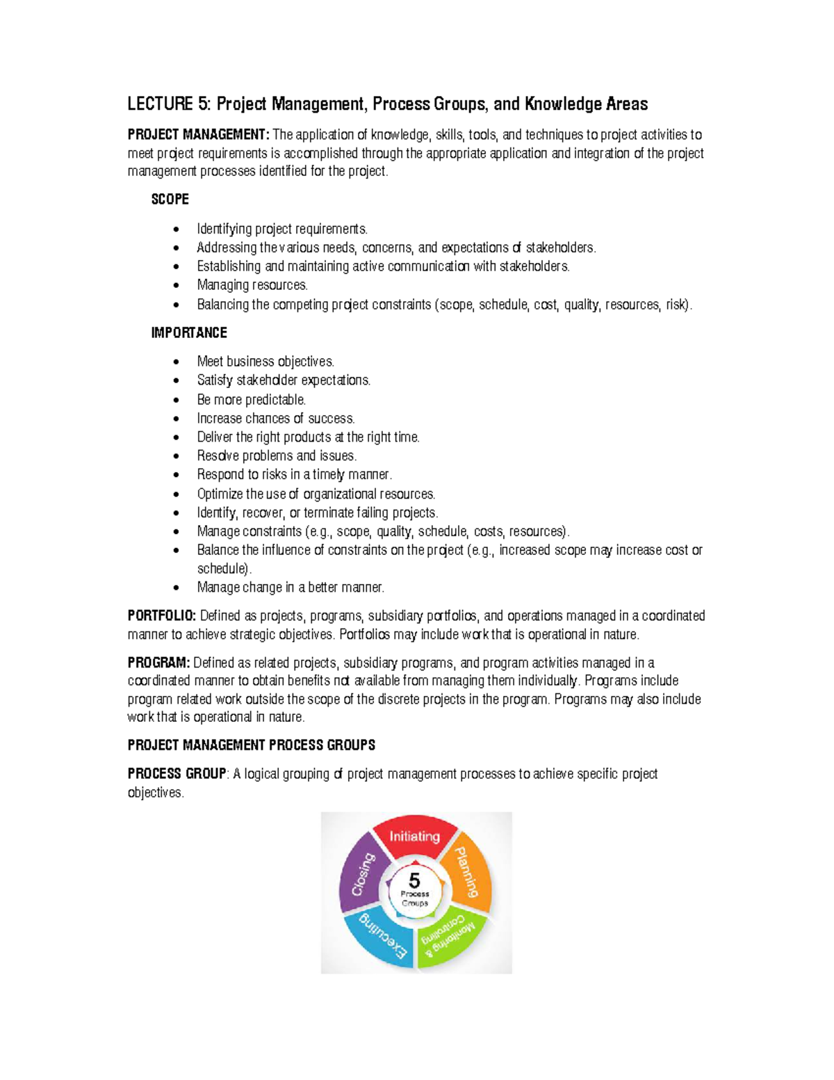 Lecture 5 Project Management, Process Groups, and Knowledge Areas ...