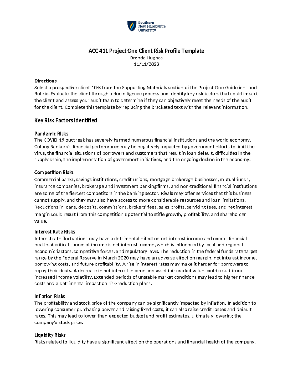 ACC 411 Project One: Client Risk Profile Analysis Template - Studocu