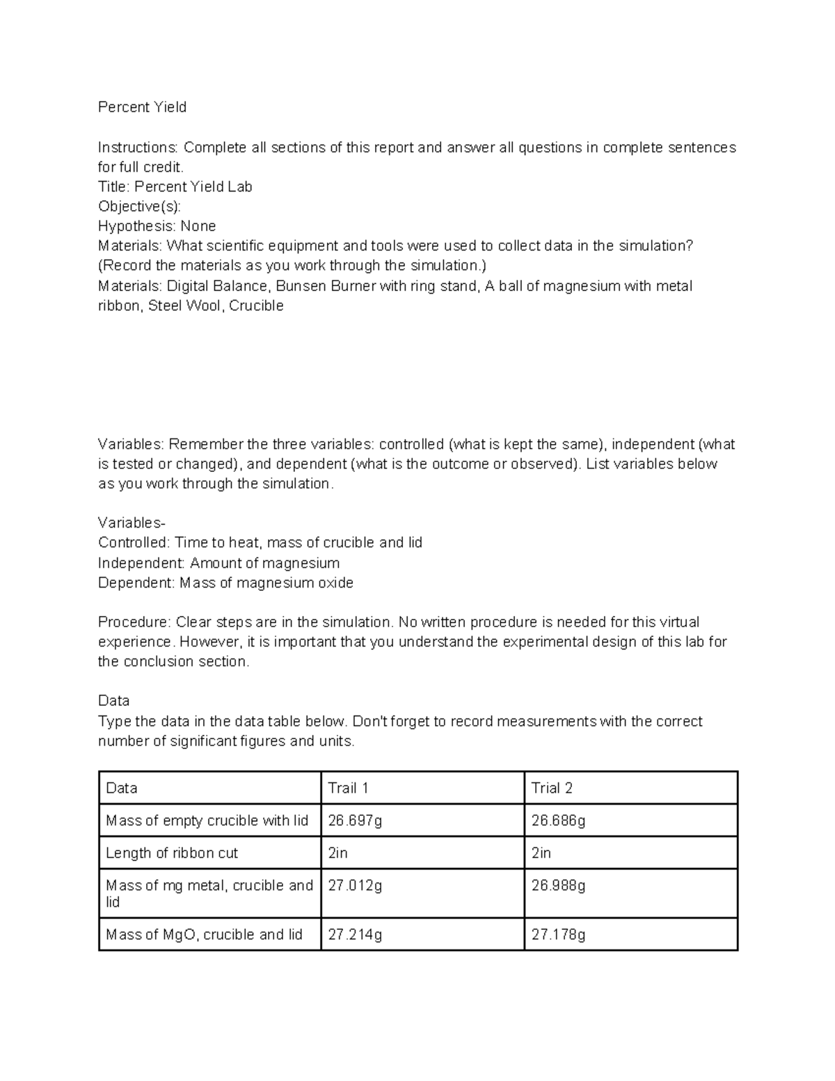 Percent Yield Lab Report: Analyzing MgO Production & Yield - Studocu