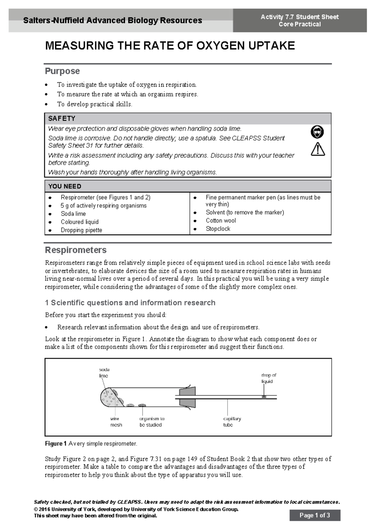 A level biology a core practical 16 - rate of respiration - Salters ...