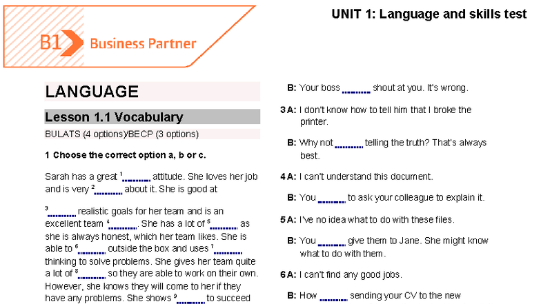 BP B1 Language Skills Test: Unit 1 Vocabulary & Grammar - Studocu