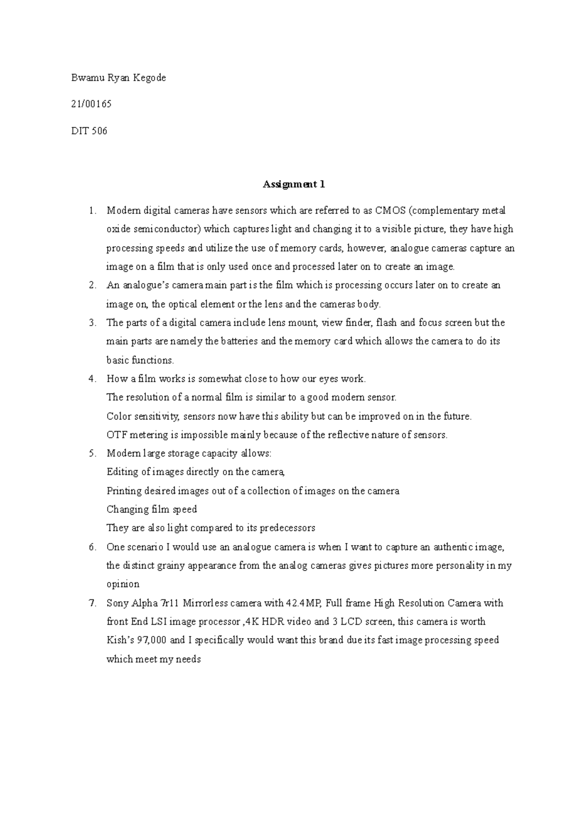 Assignment 1(Cameras) - Bwamu Ryan Kegode 21/ DIT 506 Assignment 1 ...