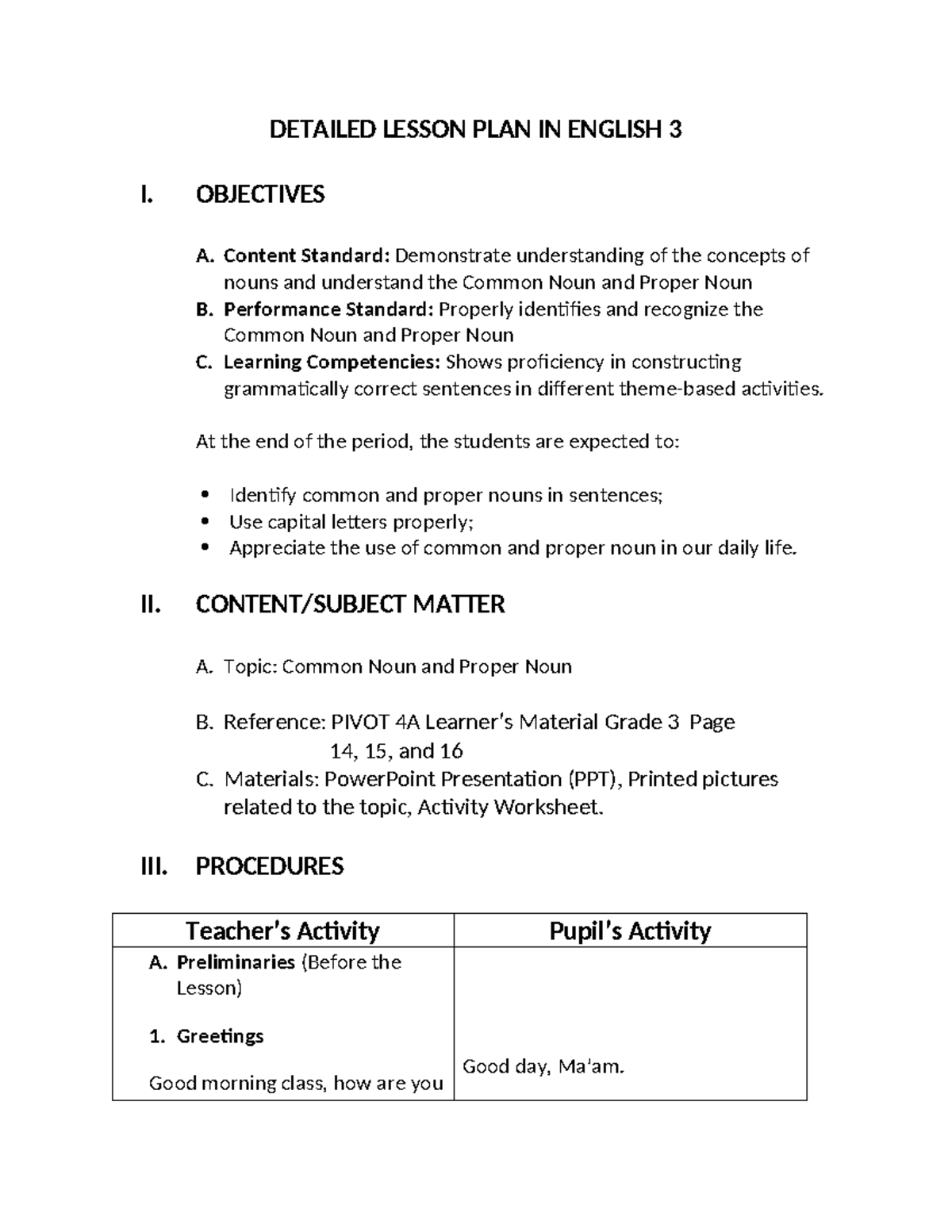 DLP3 Detailed Lesson Plan: Common and Proper Nouns - Studocu
