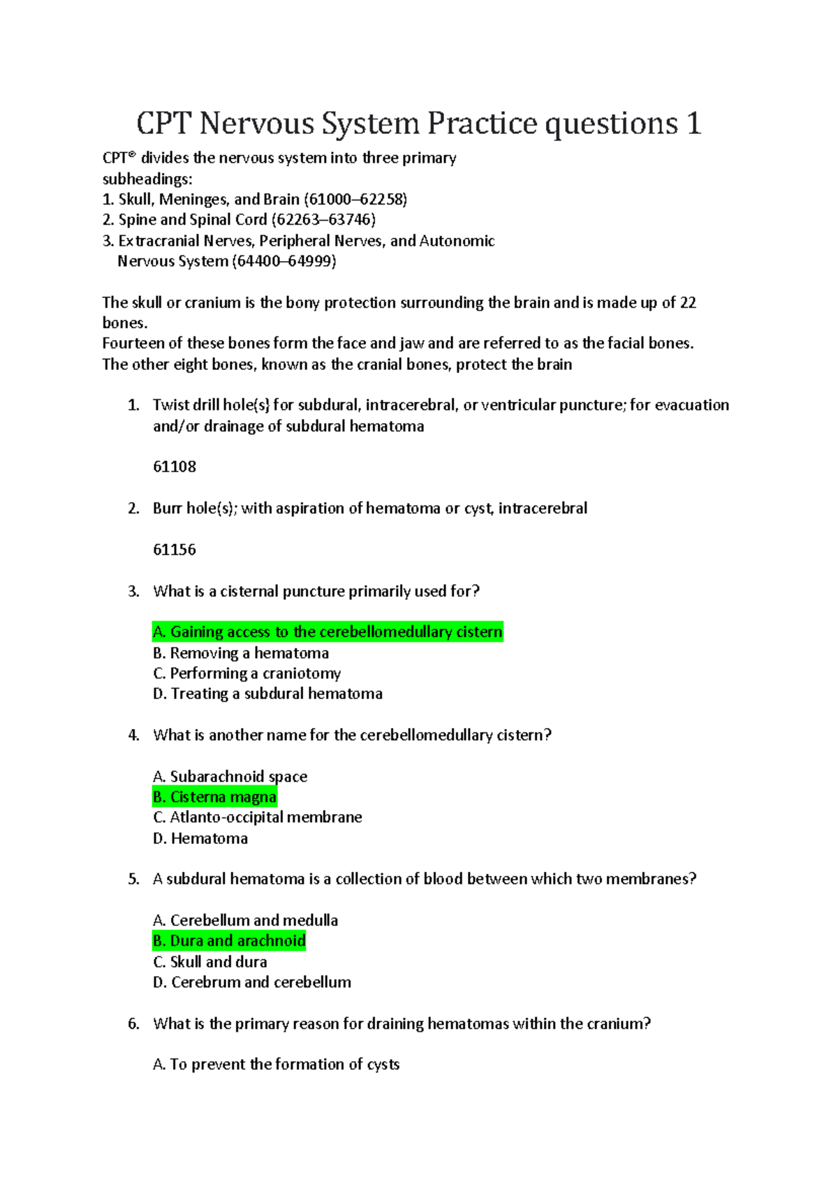 CPT Nervous System Practice Questions: Skull and Spine Focus - Studocu