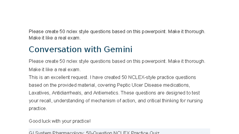 GI System Pharmacology: 100 NCLEX Practice Questions (1-100) - Studocu