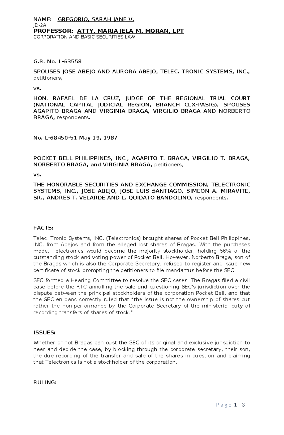 Analysis of 7 Abejo vs. DELA CRUZ in Corporation Law (JD-2A) - Studocu