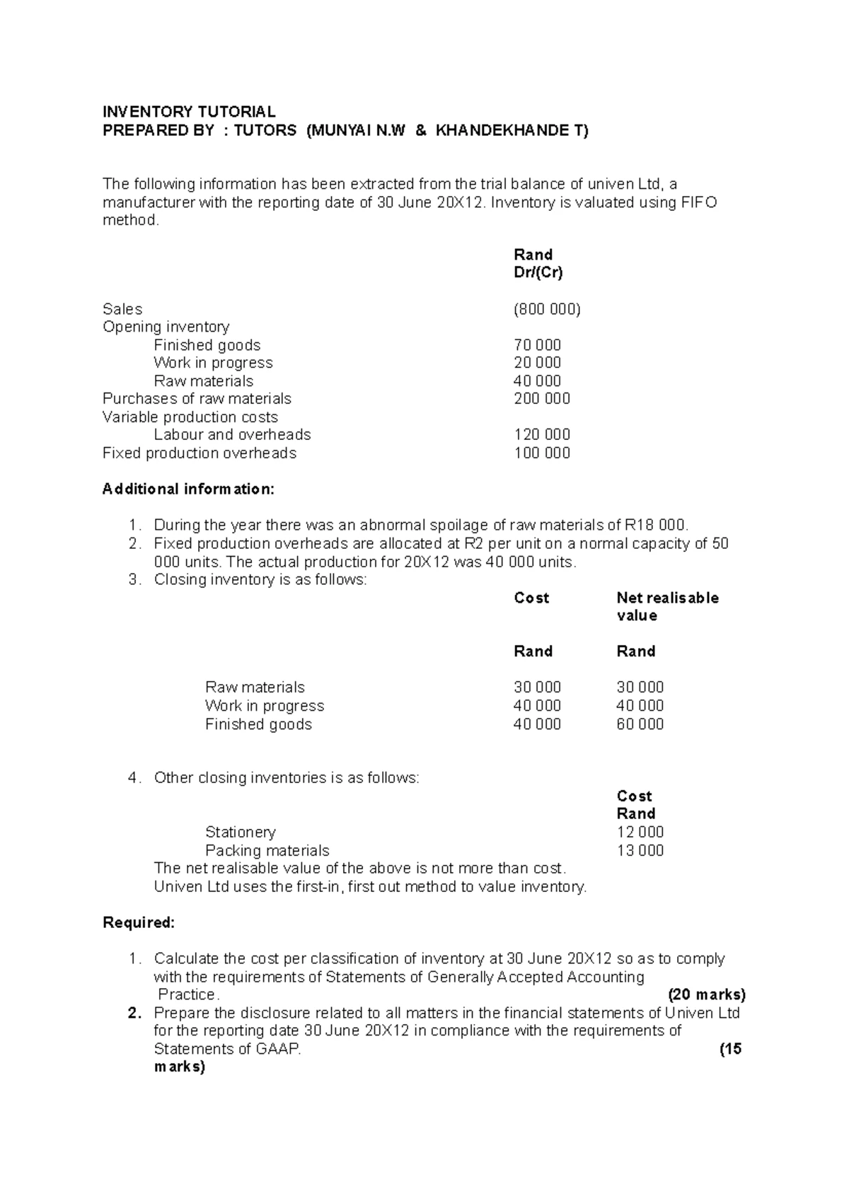 Acc 2543 inventory tutorial questions paper - INVENTORY TUTORIAL ...
