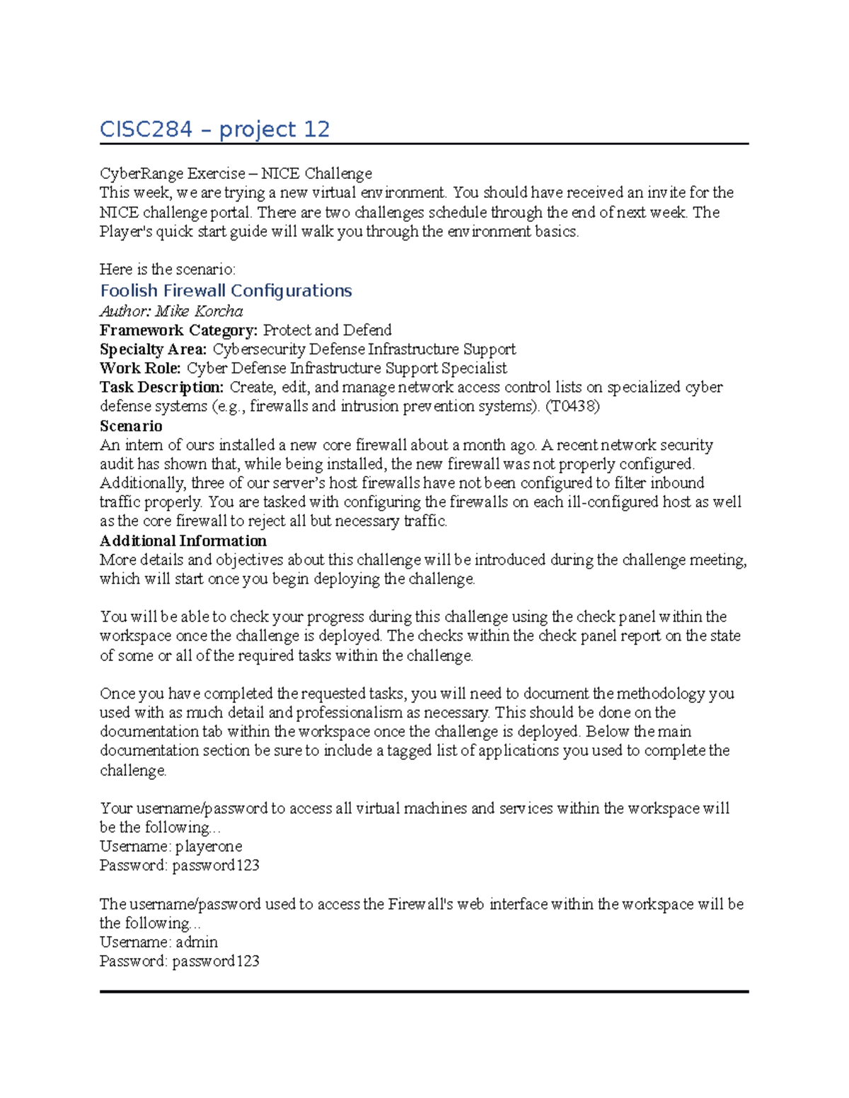 CISC284 Project 12 - CyberRange NICE Challenge Overview & Tasks - Studocu