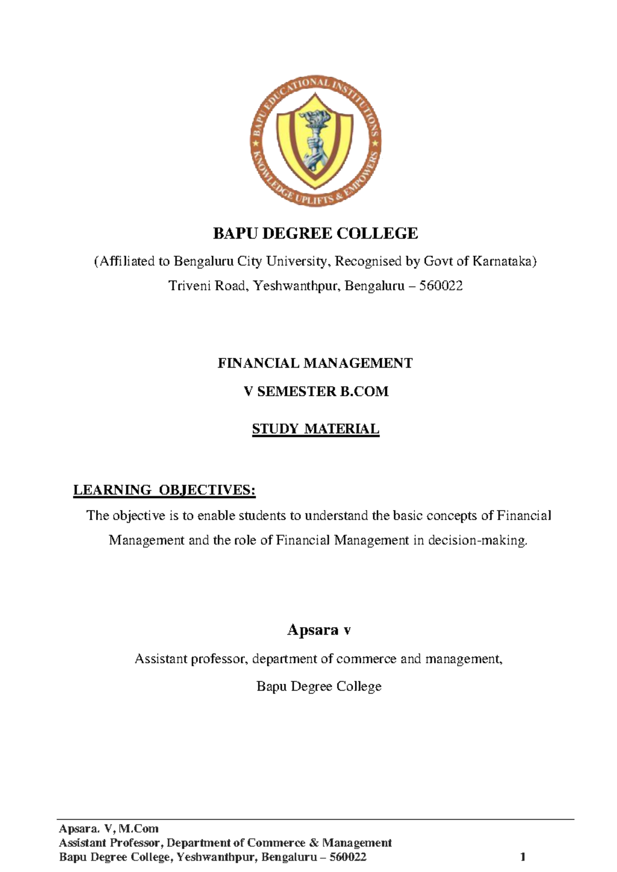 Financial Management Study Material for B.Com V Sem (2023) - Studocu